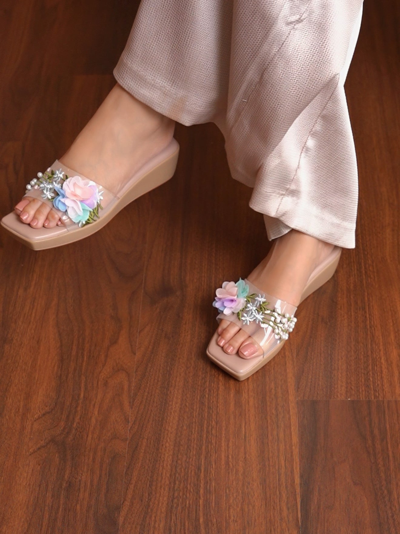 FLORAL PEARLS EMBELLISHED VINYL WEDGES